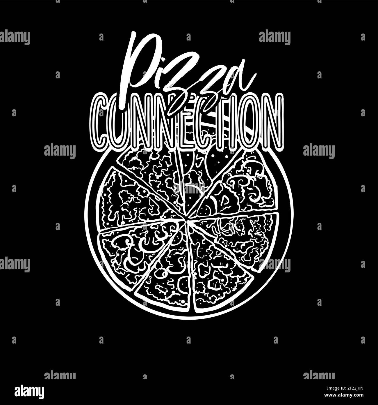 Hand drawn Pizza connection logo on black for wall art and shirts ...
