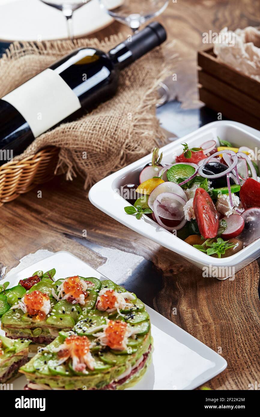 Classic Greek salad. Banquet festive dishes. Gourmet restaurant menu ...
