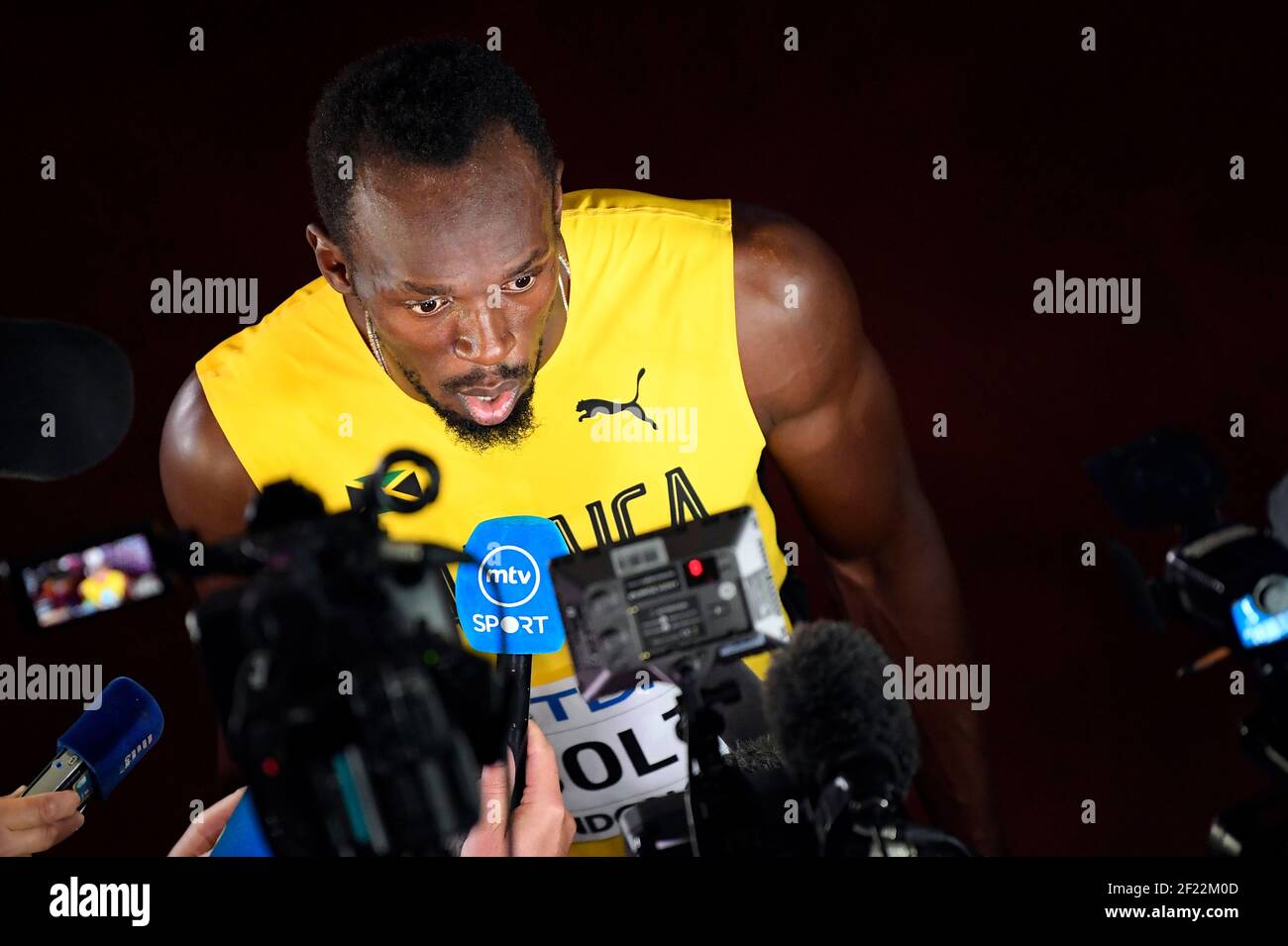 Usain Bolt (JAM) competes in 100 Metres Men during the Athletics World ...