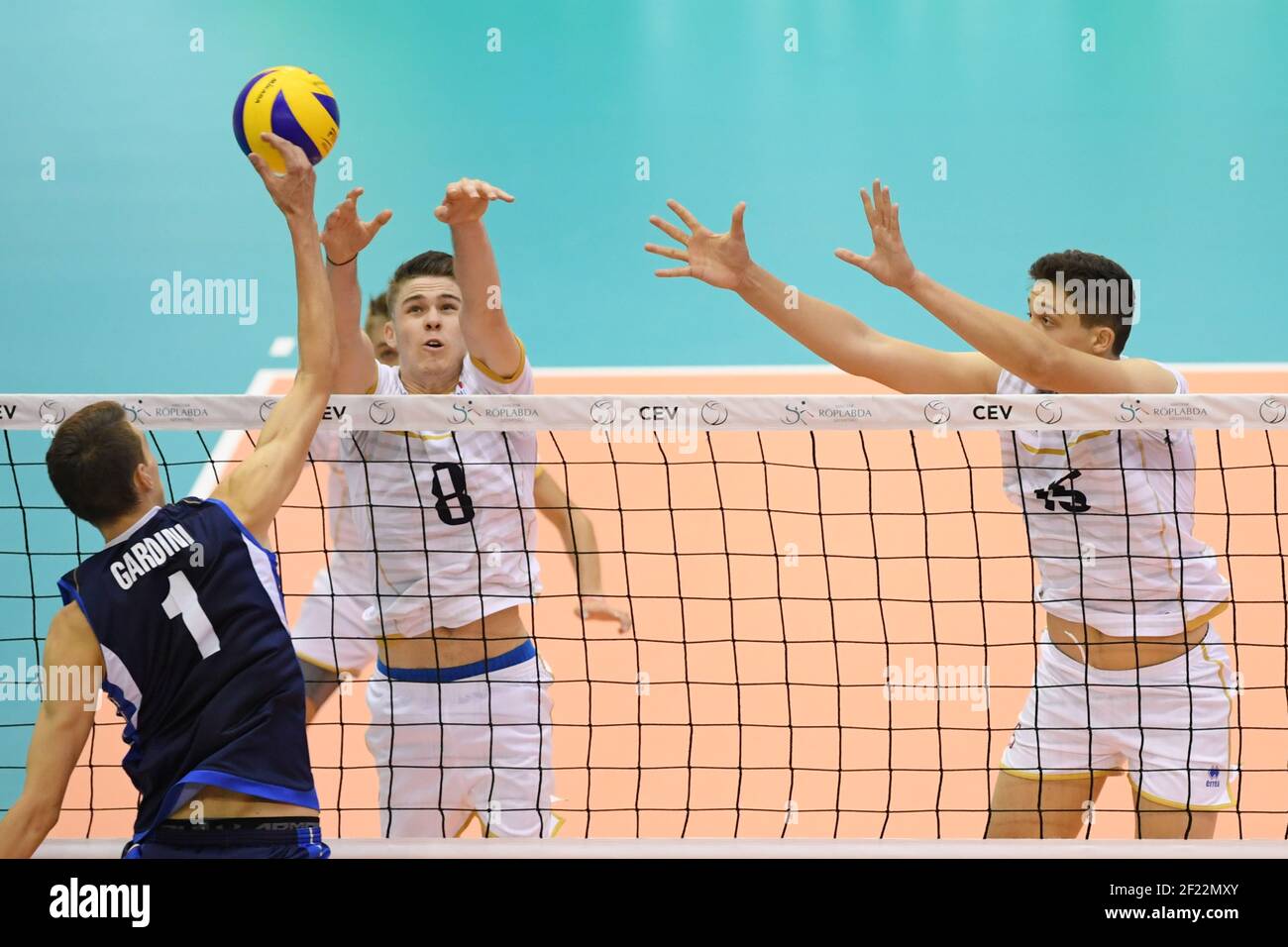 Pierre Derouillon and Maxime Roatta compete in men volleyball during ...