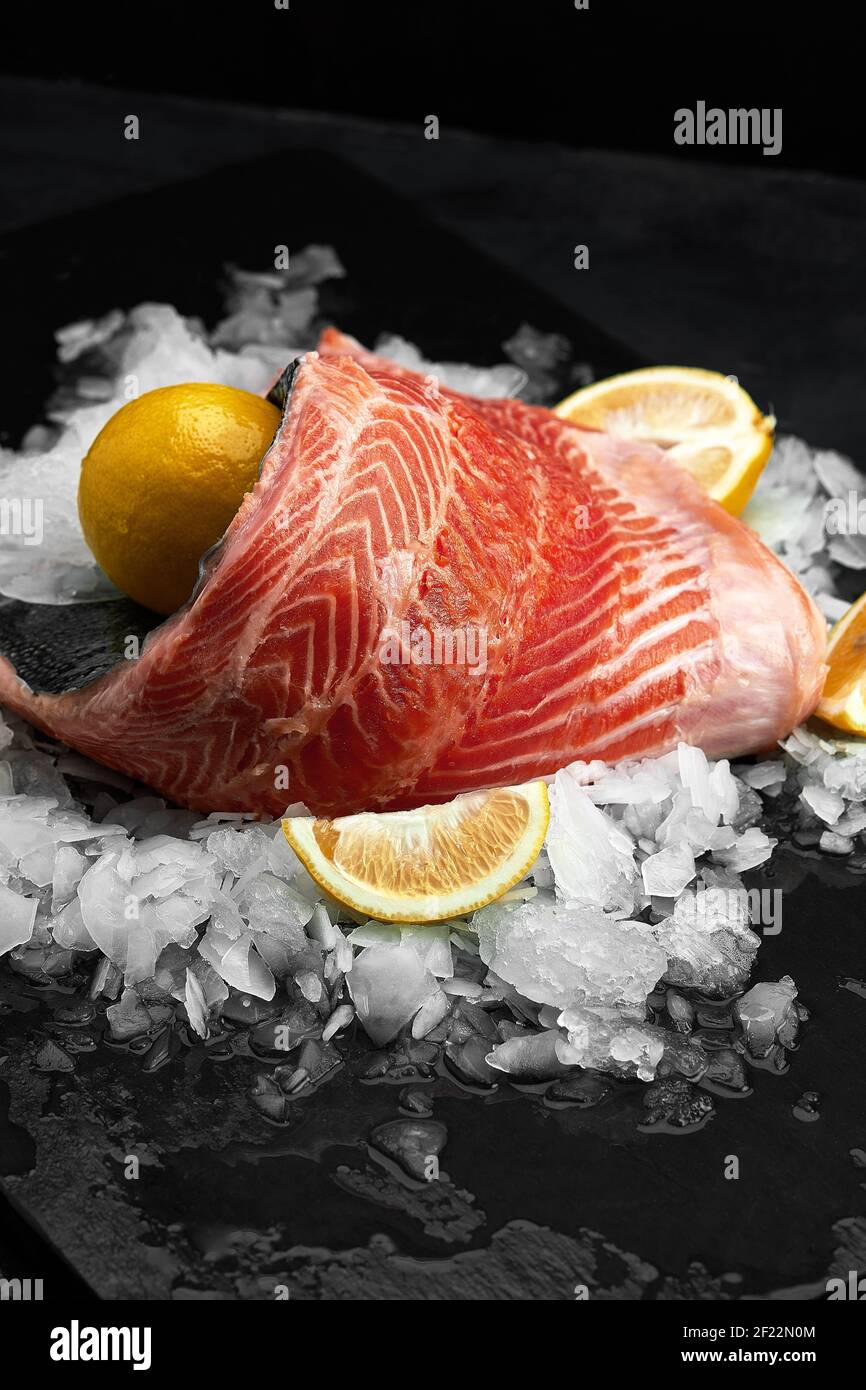 Lightly salted trout. Fresh fish fillet with culinary ingredients ...