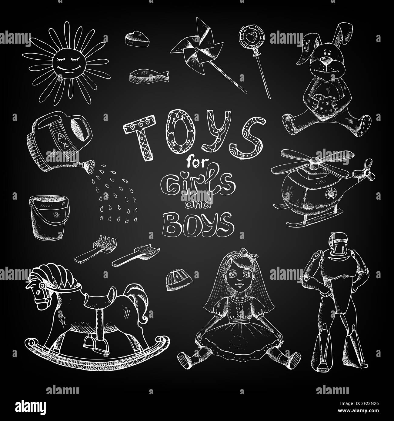 hand drawn chalkboard toys for girls and boys kids Stock Vector Image ...