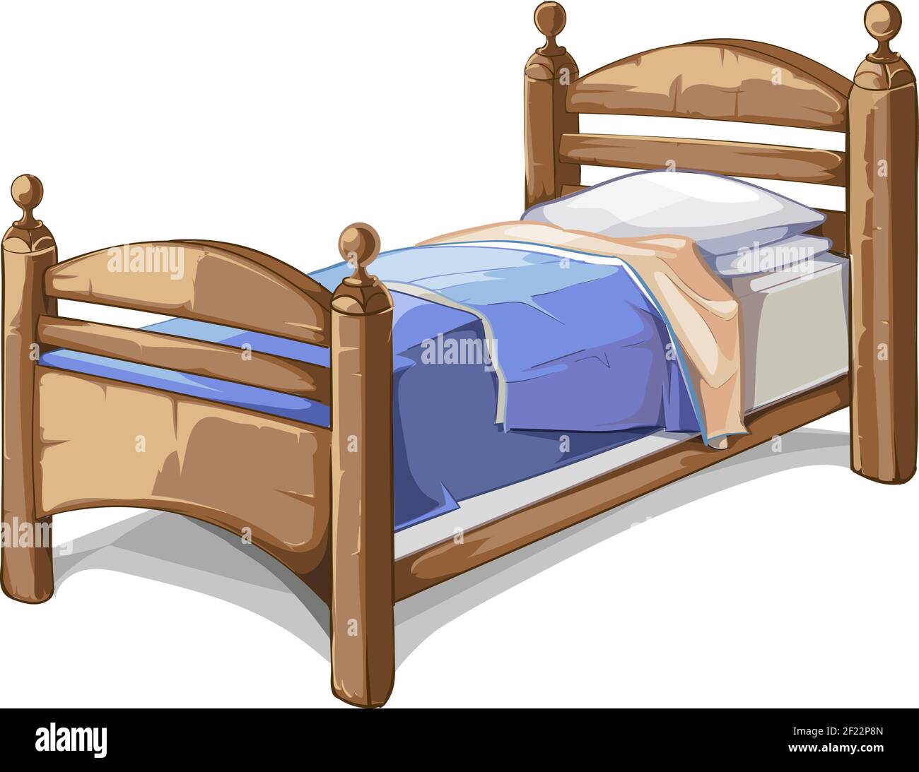 Wood bed in cartoon style. Furniture interior, bedroom comfortable ...