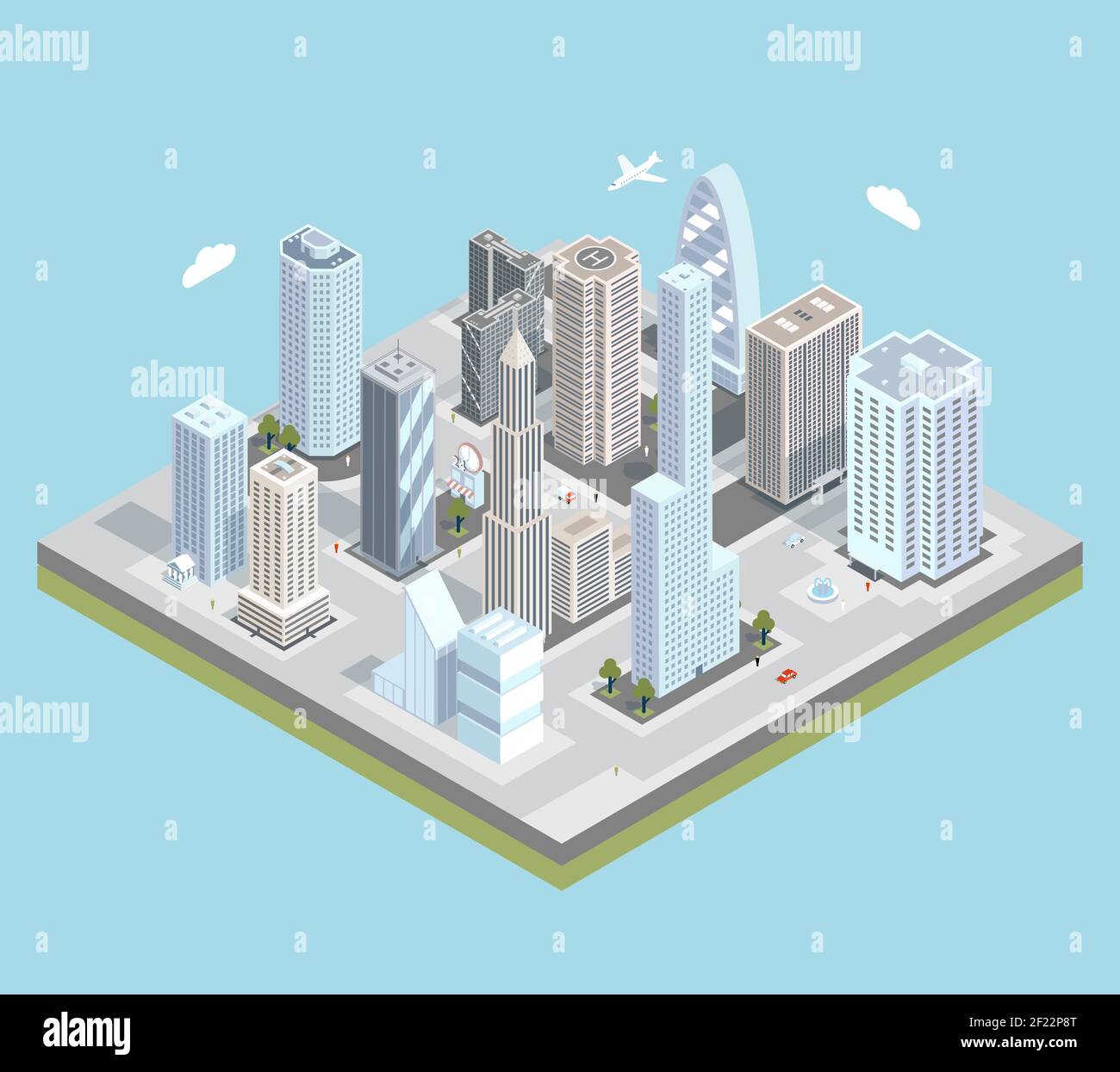 Isometric urban city center map with buildings, shops and roads on the ...
