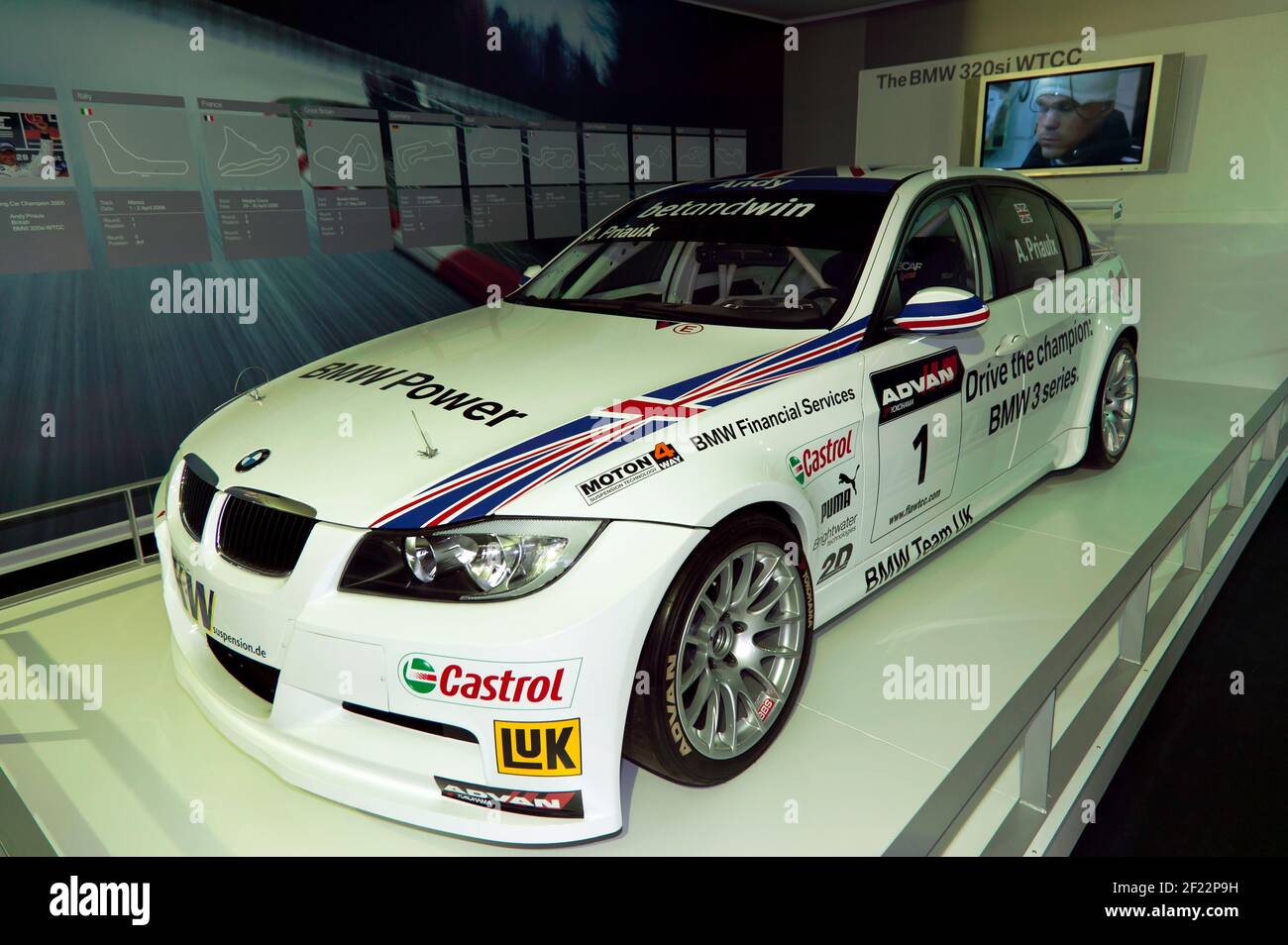 Three-quarters front view of Andrew Priaulx's BMW 320si WTCC car, on ...