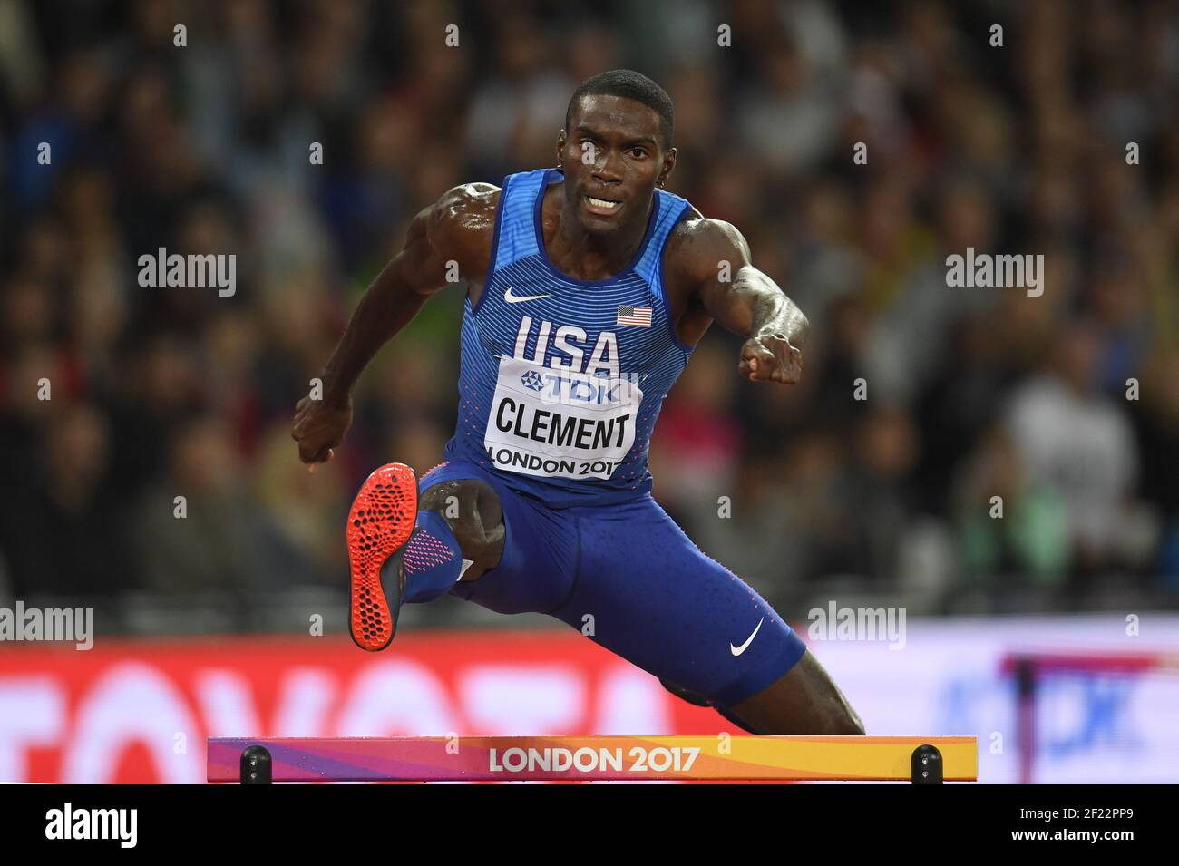 Kerron Clement (USA) competes on Men's 400 m Hurdles final during the ...