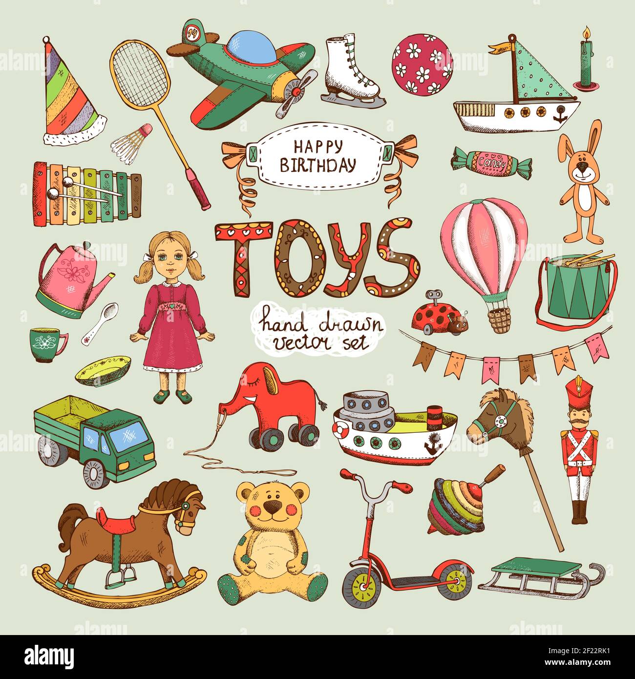 happy birthday toys set: pinwheel balloon elephant horse Stock Vector ...