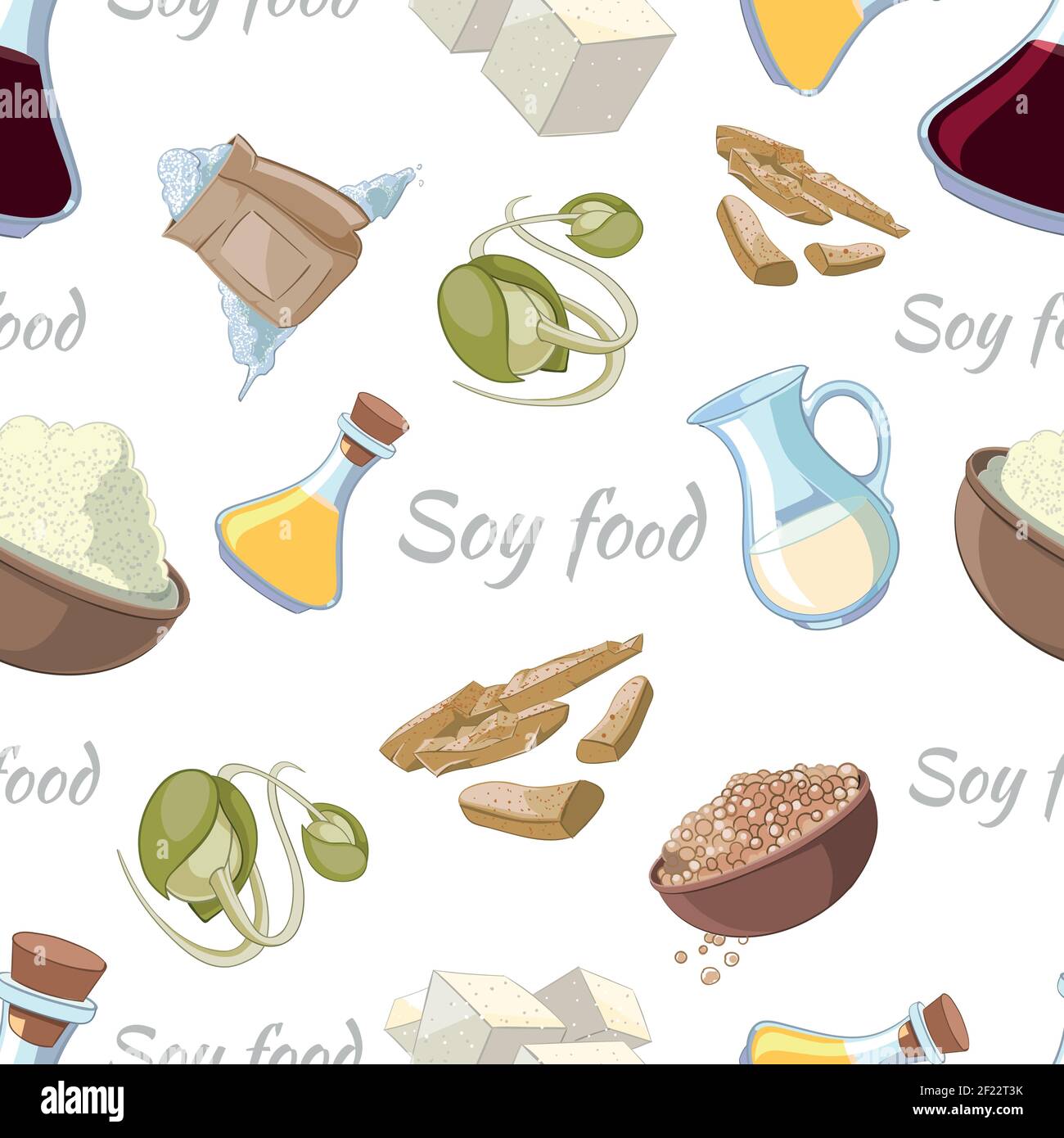 Cartoon soy food seamless pattern. Powder and sprout, tofu and bottle ...