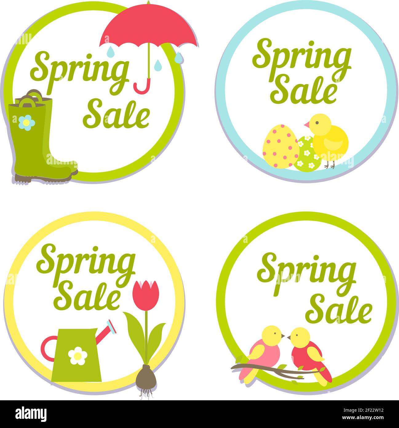Set of four circular Spring Sale labels with simple frames enclosing ...
