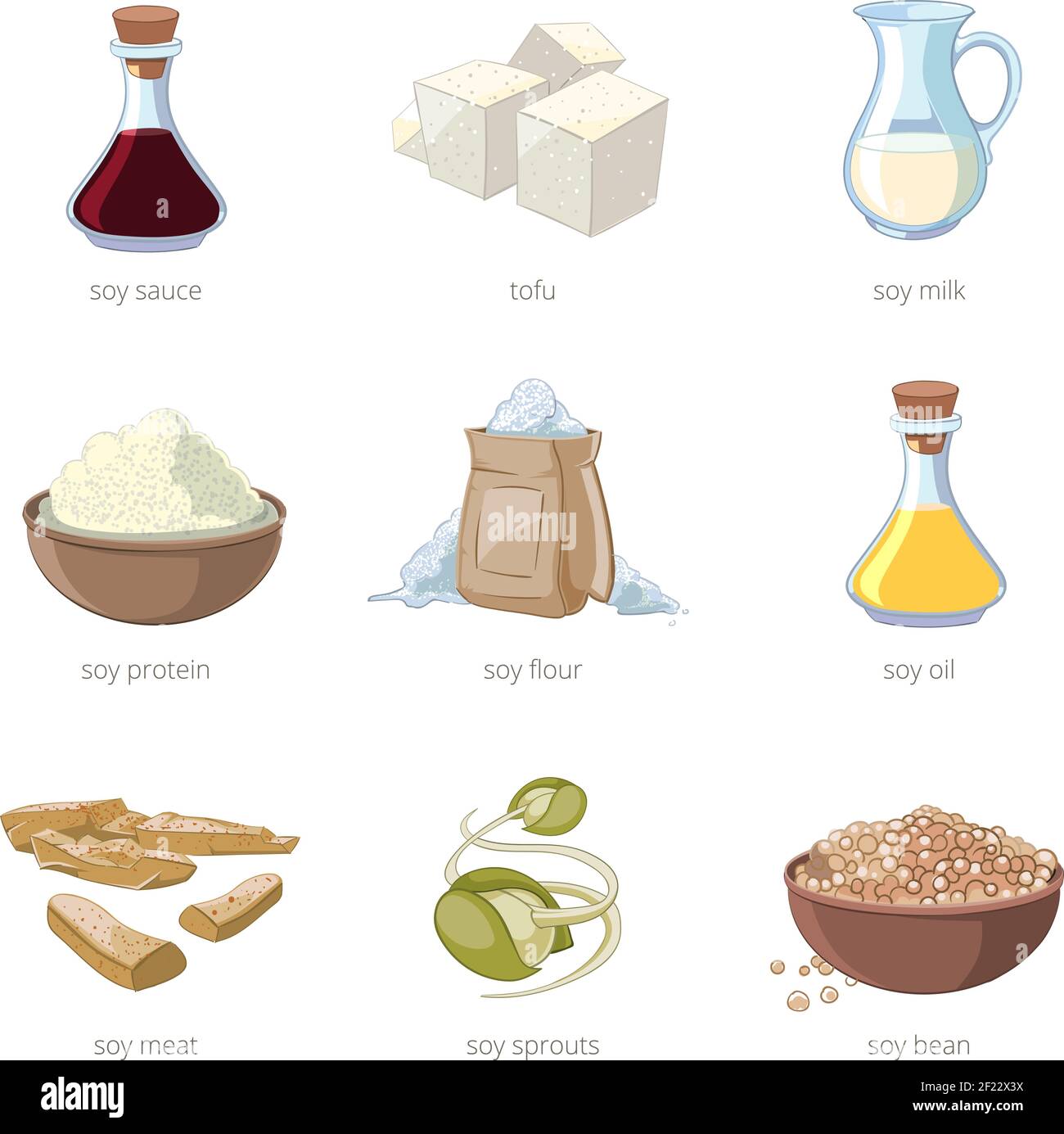 Cartoon soy food vector set. Healthy diet, seed soya, tofu and milk ...