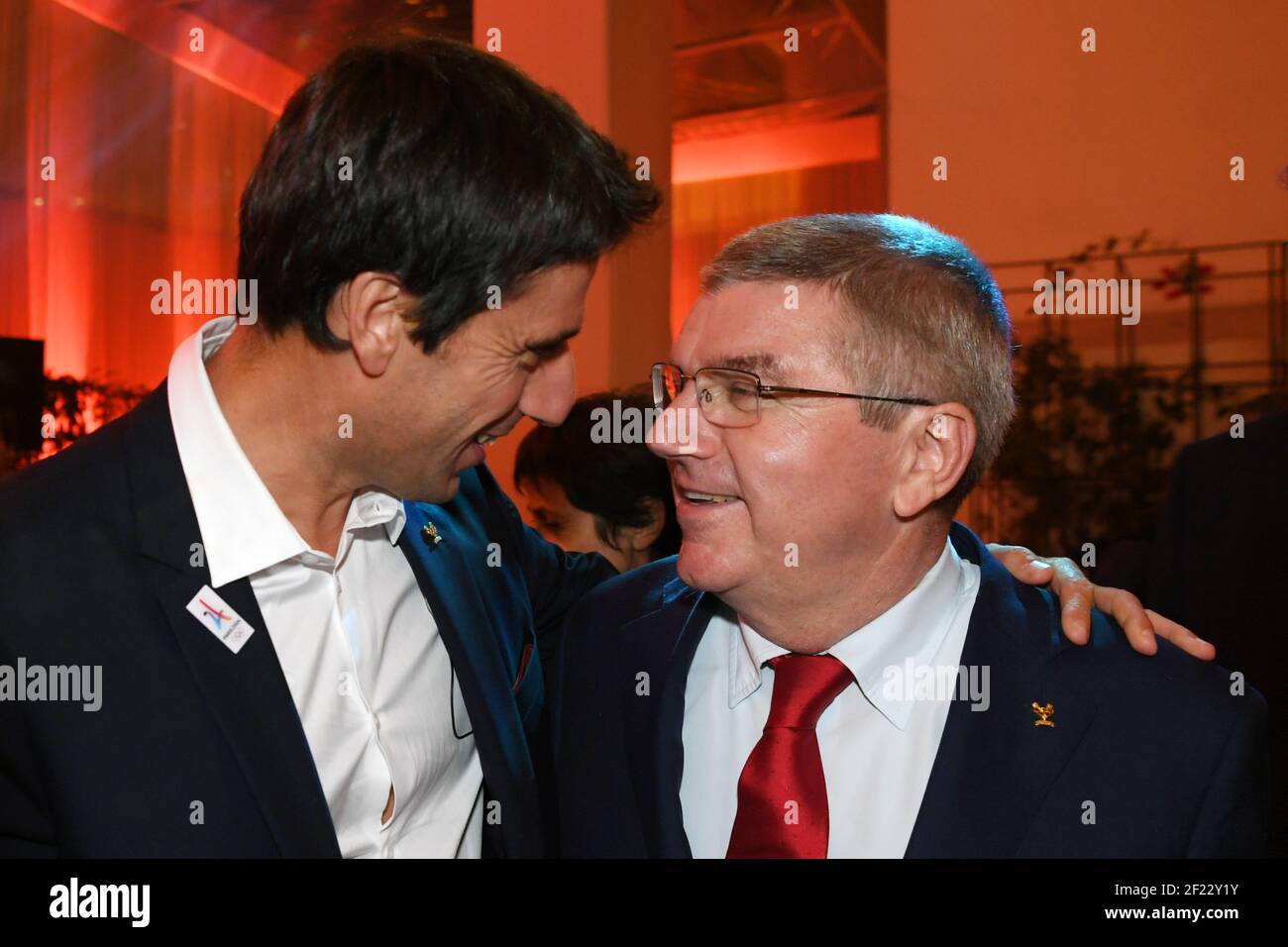 Chairman of Paris 2024 Tony Estanguet and IOC President Thomas Bach ...