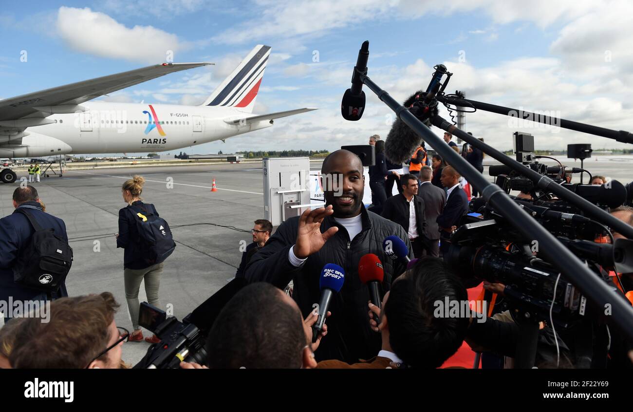 Teddy Riner answers to media during the return of the Paris 2024 ...