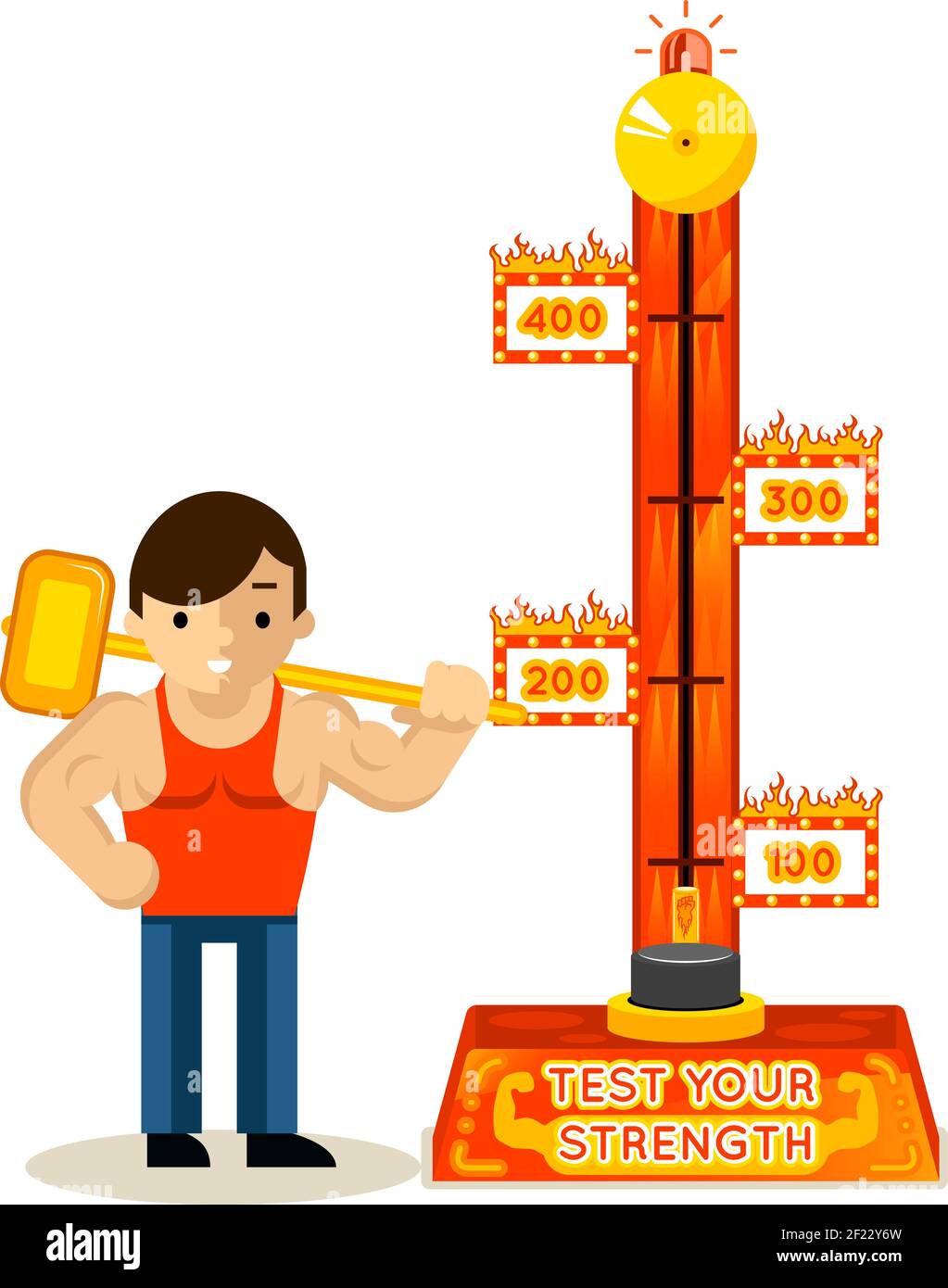 Strongman and test your strength game. Hammer and man, muscular ...