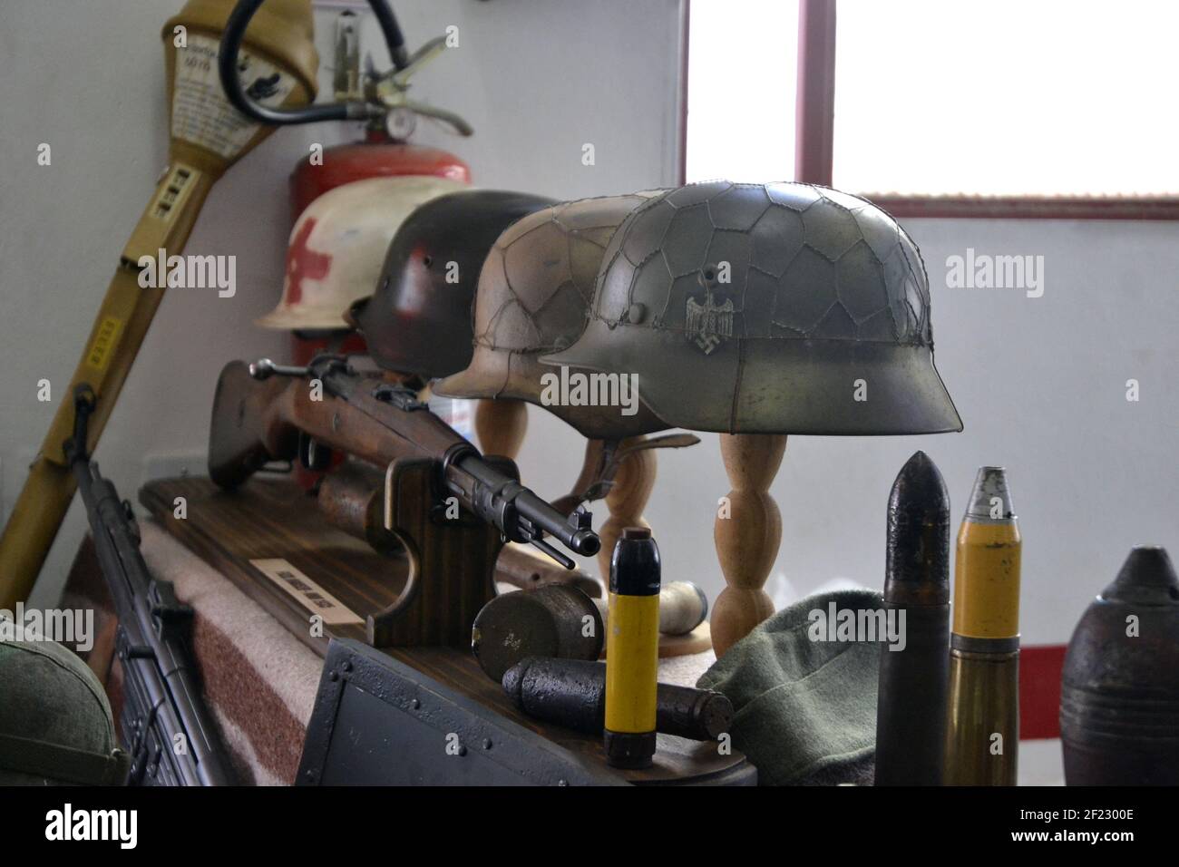Helmets. Exhibition of original German helmets from World War II in ...