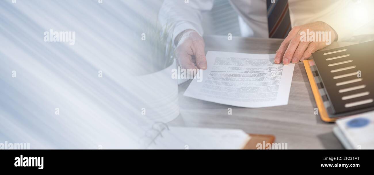 Hands of businessman checking document; panoramic banner Stock Photo ...