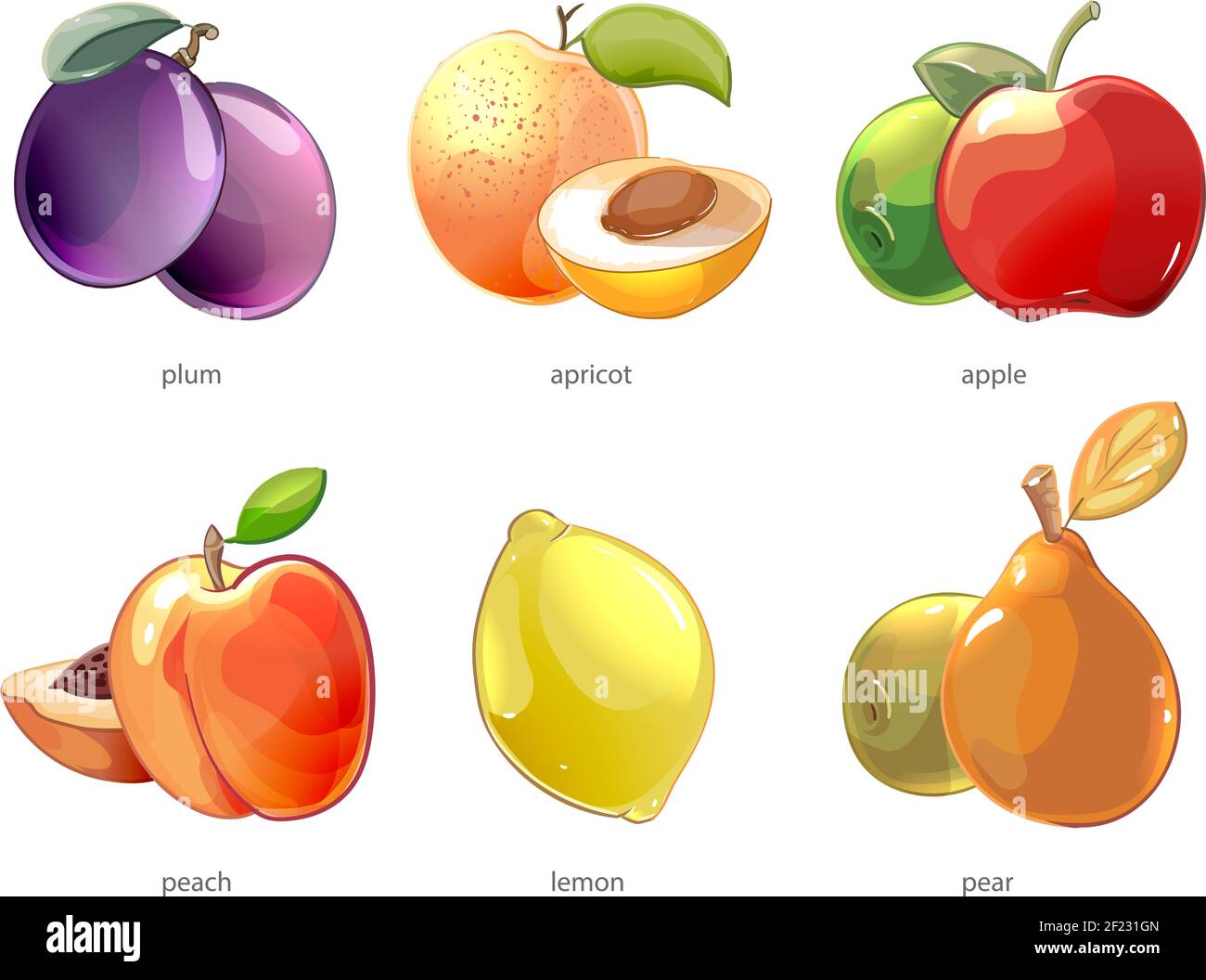 Cartoon fruits vector icons set. Apple and lemon, peach and pear ...