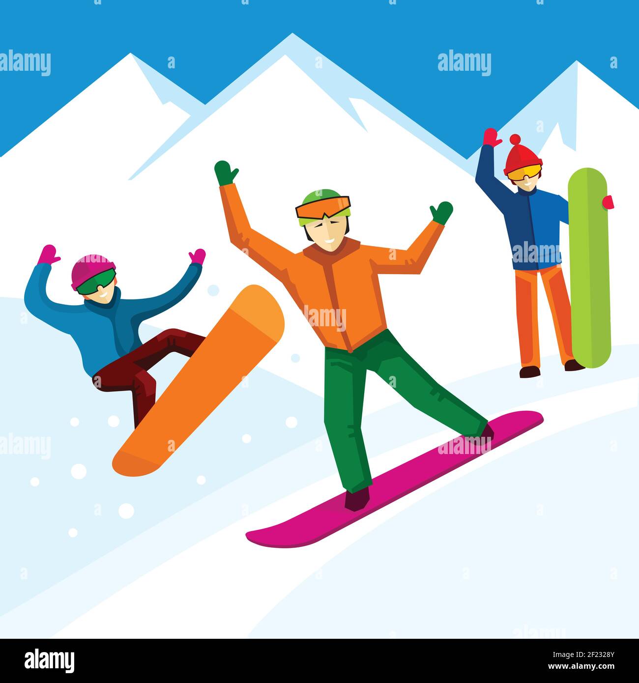 Snowboarder character in flat style. Winter mountain, design lifestyle ...