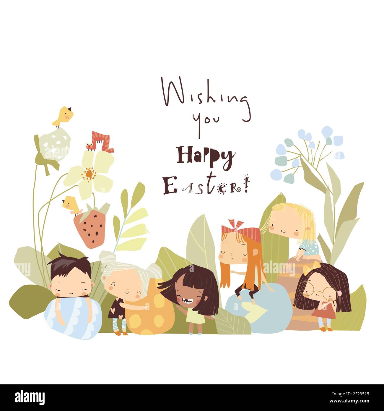 Cartoon Easter illustration with little children and Easter eggs Stock ...