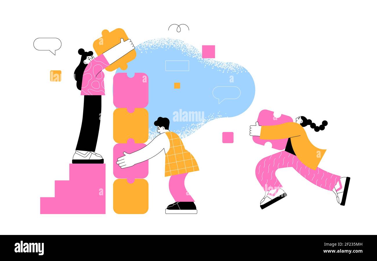 Diverse young business woman team building female community together in trendy flat cartoon ...