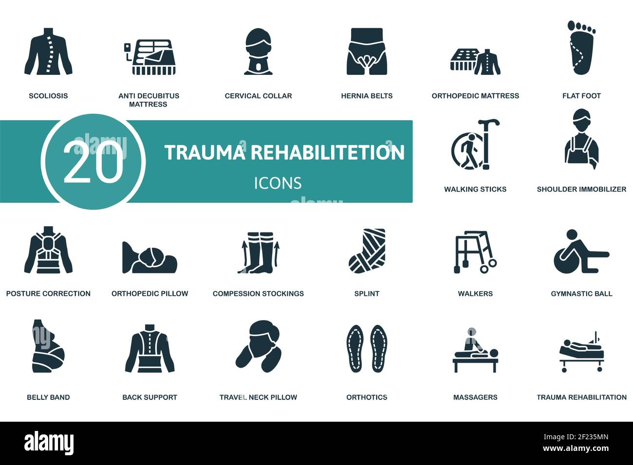 Trauma Rehabilitation icon set. Contains editable icons trauma ...