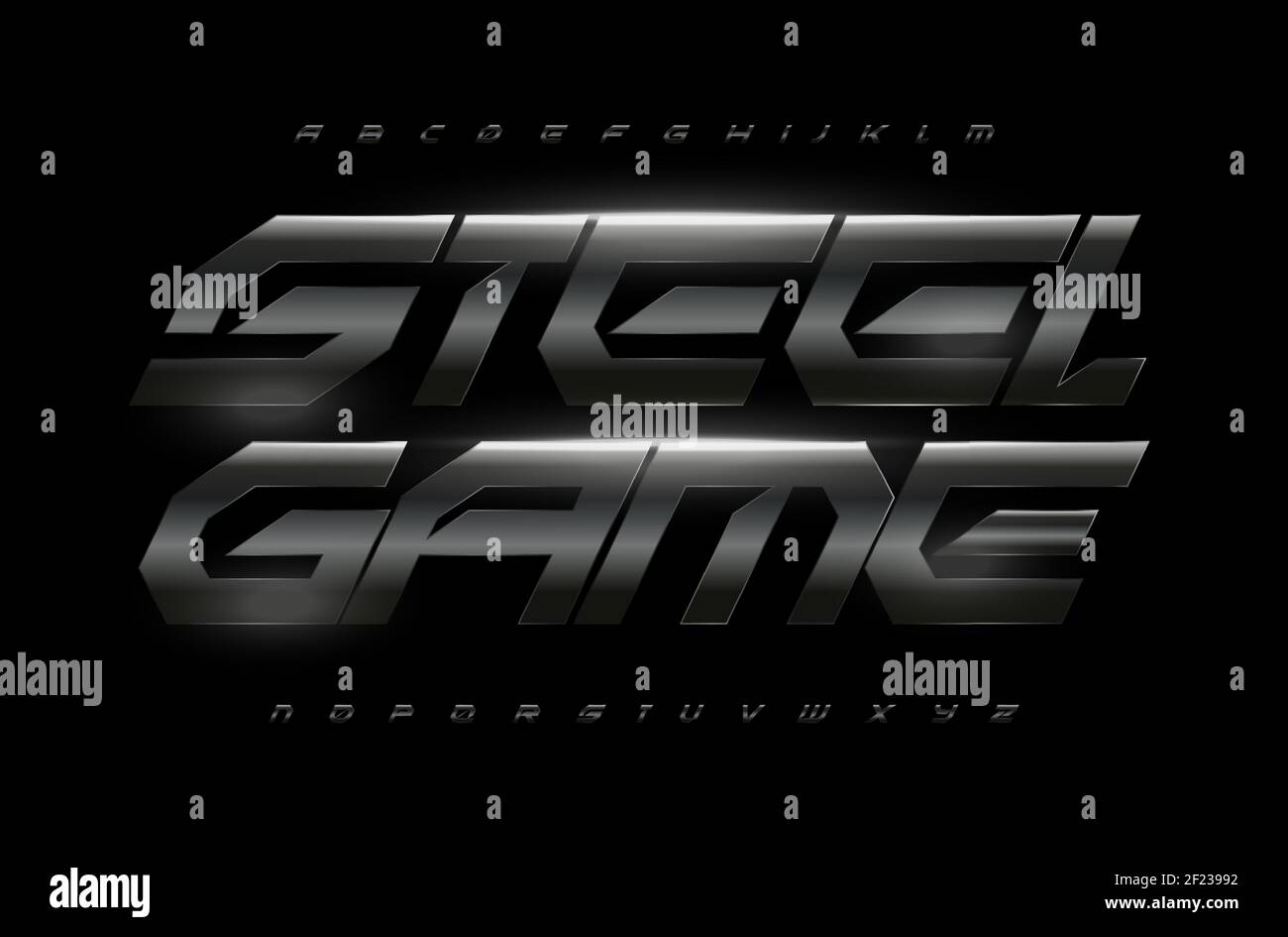 Dark gray steel alphabet, bold italic font, geometric letters with ...