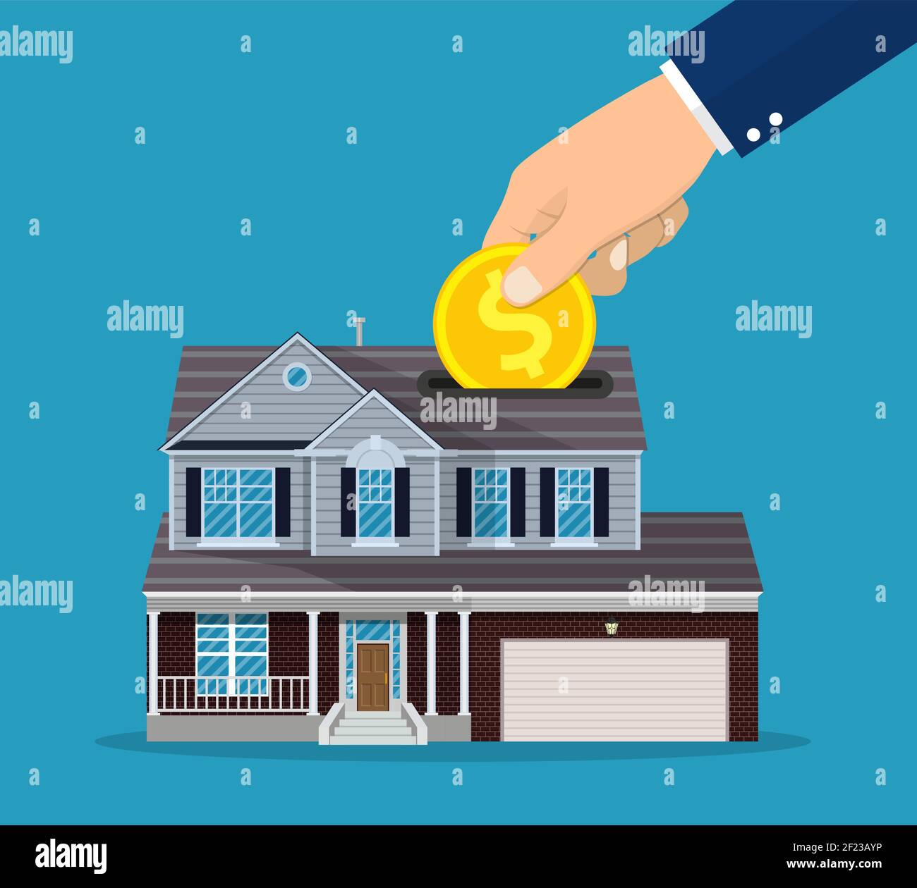Hand put coin in piggy bank house Stock Vector Image & Art - Alamy