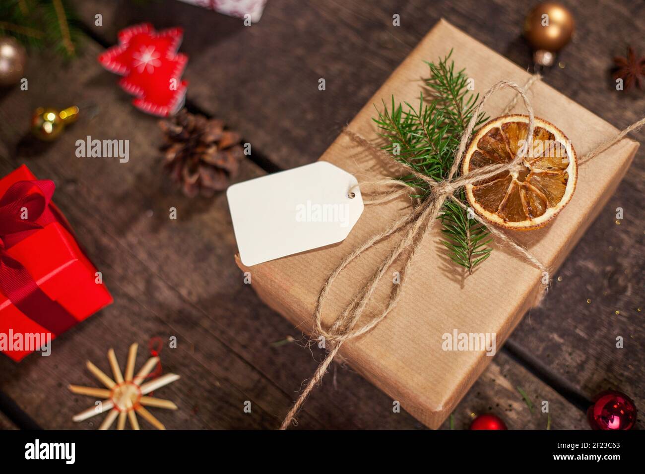 Handmade wrapped christmas gift boxes on celebrate background Stock ...