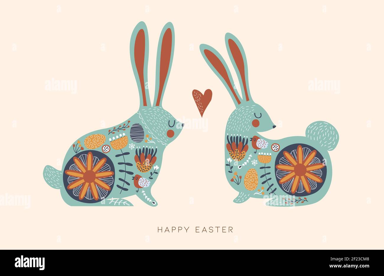 Happy Easter greeting card of two cute rabbits with nature decoration ...