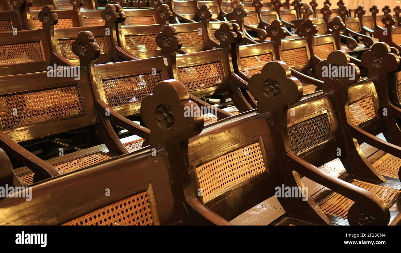 Antique Wooden Church Pews With Individual Armrest Stock Photo - Alamy
