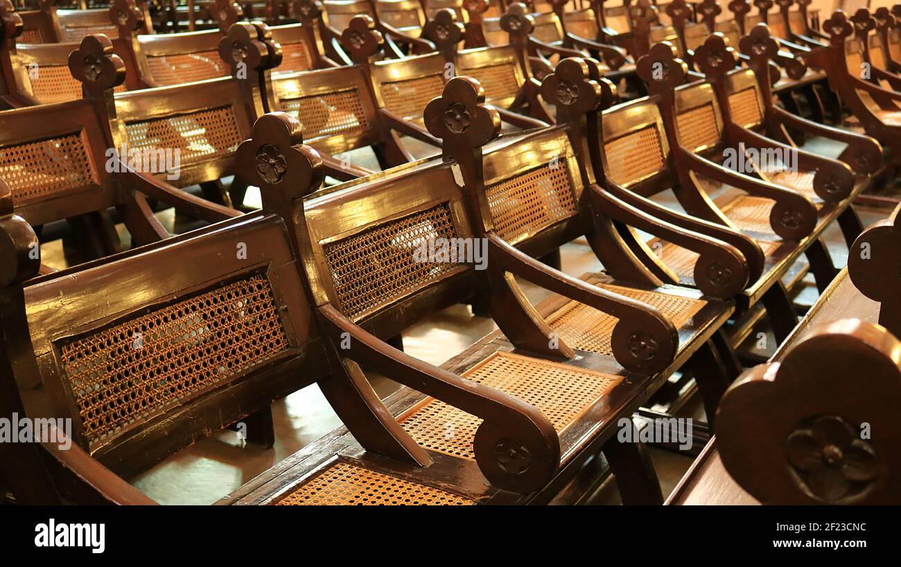 Antique Wooden Church Pews With Individual Armrest Stock Photo - Alamy