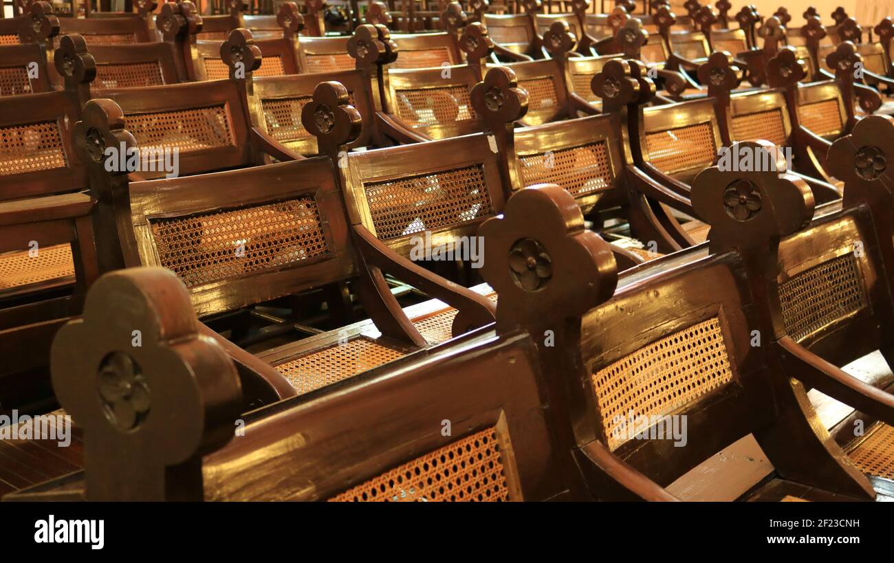 Antique Wooden Church Pews With Individual Armrest Stock Photo - Alamy