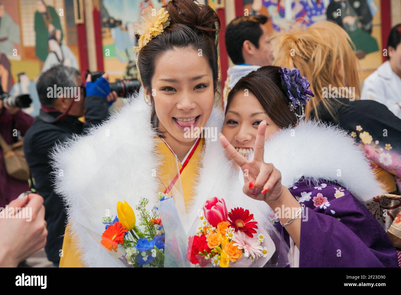 Two Japanese ladies dressed in kimonos on Coming of Age Day (Seijin no ...