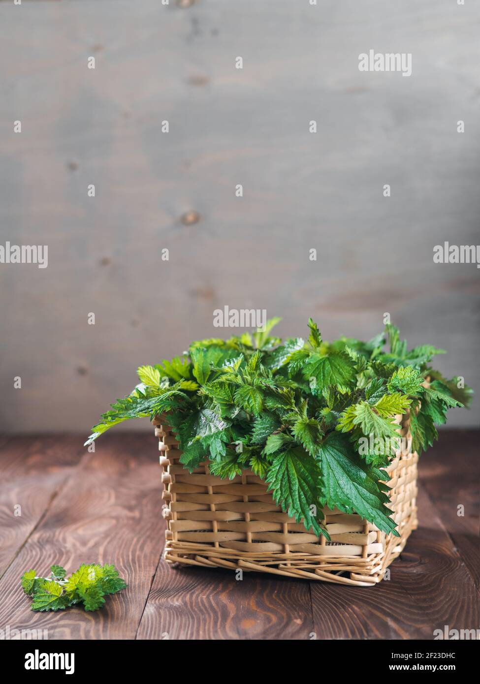 Basket of fresh stinging nettle leaves on wooden table Stock Photo - Alamy