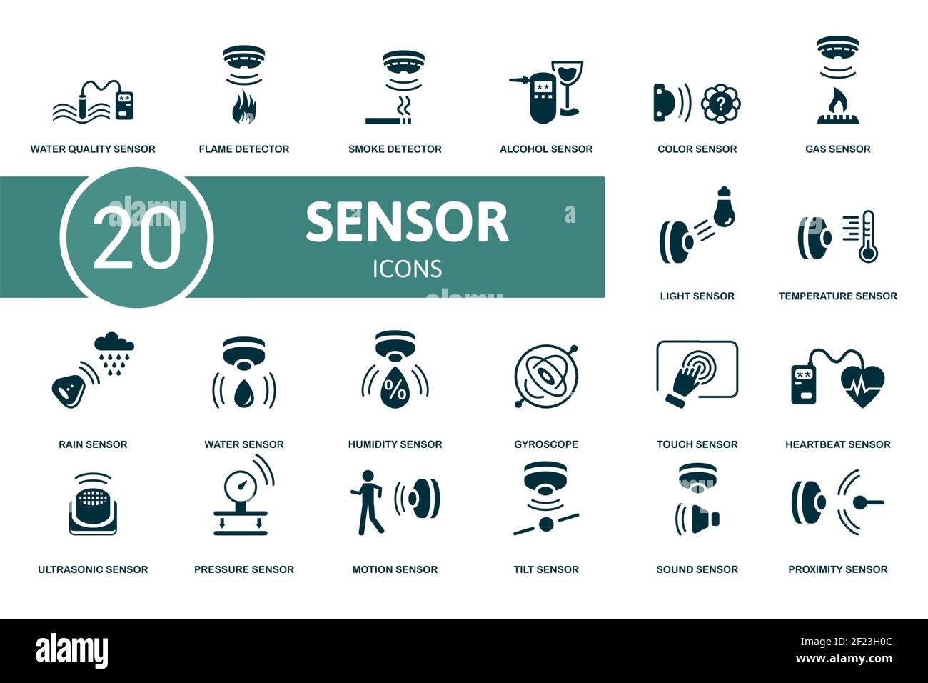 Sensor icon set. Contains editable icons sensor theme such as flame ...