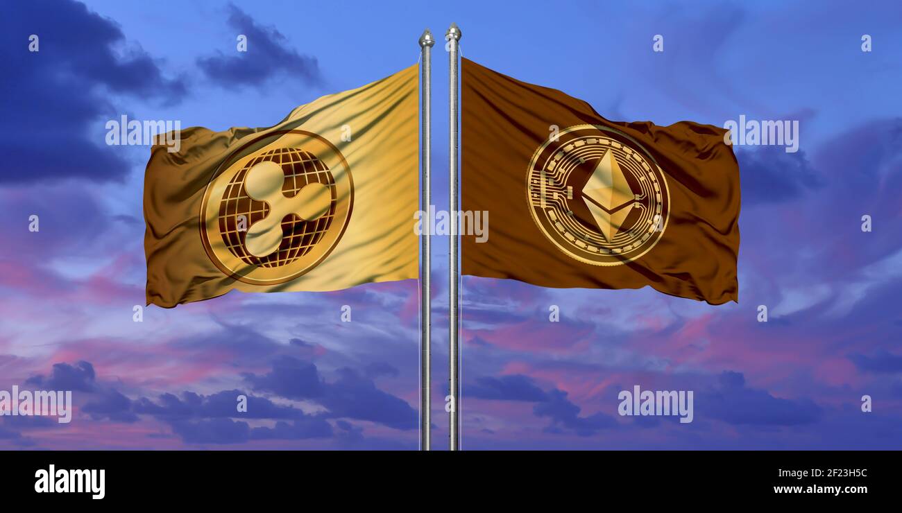 Bitcoin and Ripple coin printed on flags. Against a sky background ...
