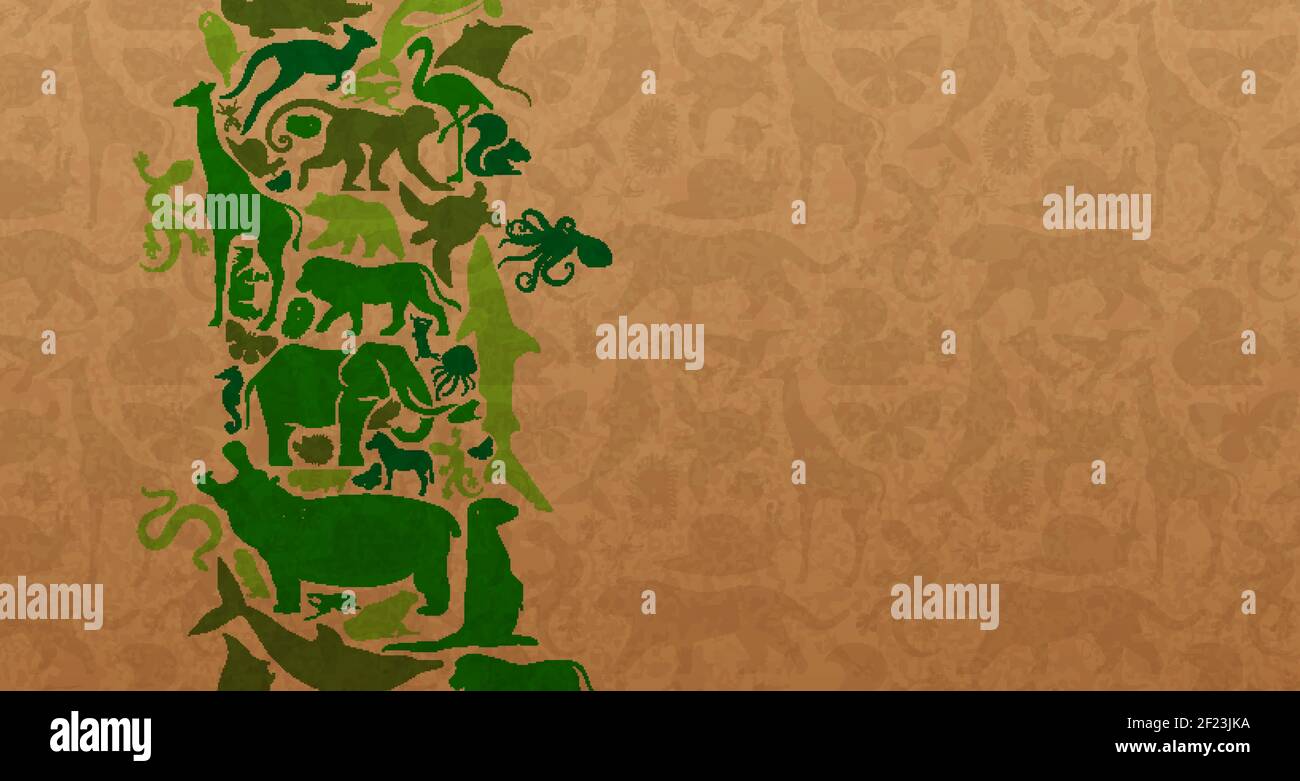 Green animal shape icon set illustration on recycled paper texture ...