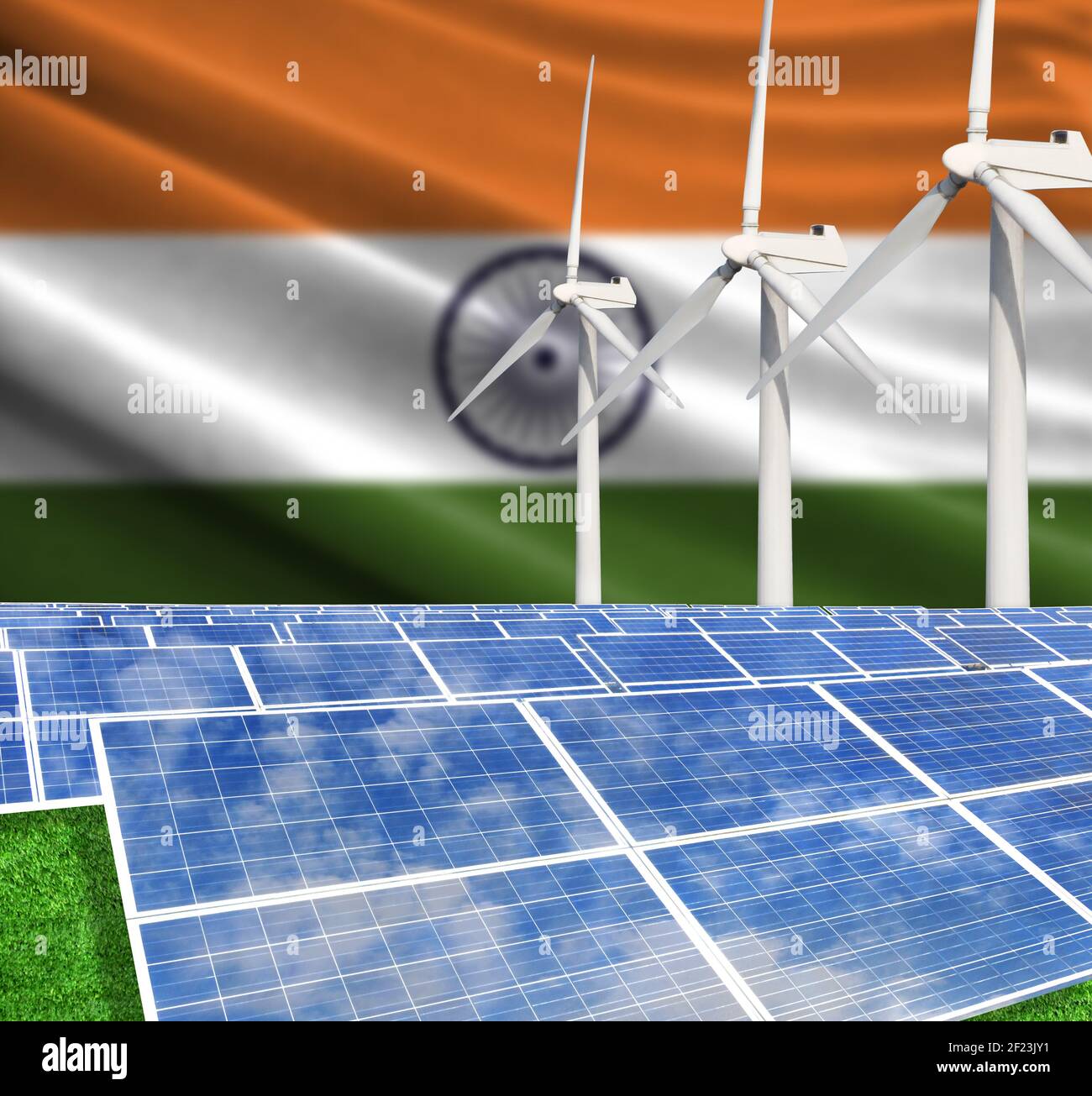 Solar panels on the background with the flag of India and Wind Turbine ...