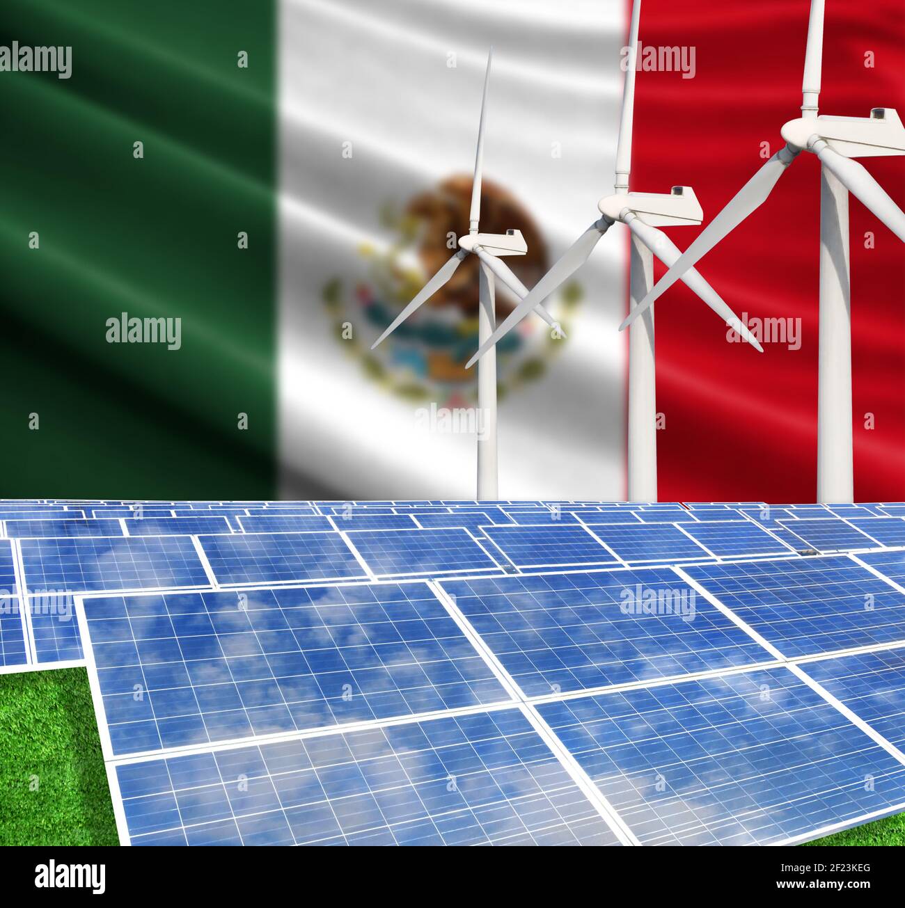 Solar panels on the background with the flag of Mexico and Wind Turbine ...