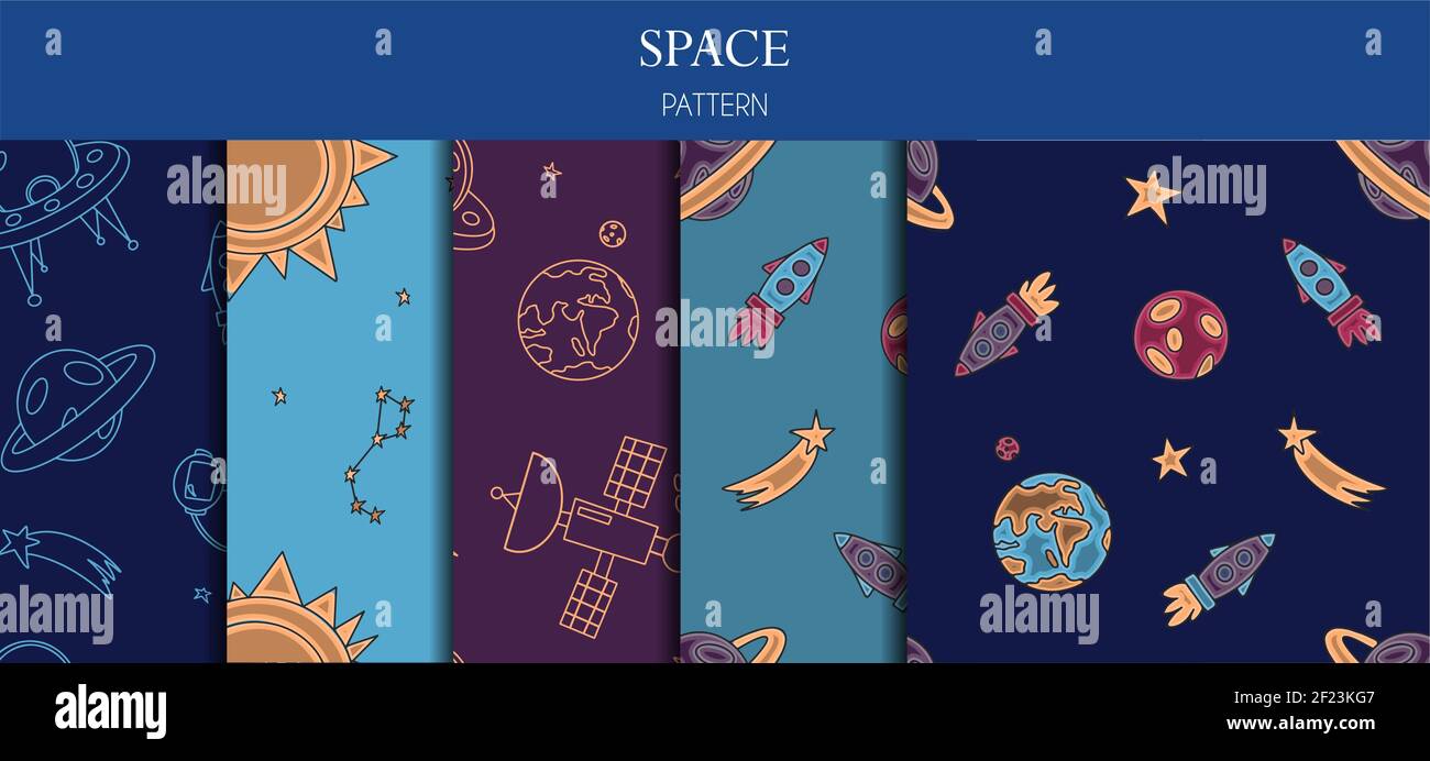 A set of seamless patterns. Hand draw space illustration with a rocket ...