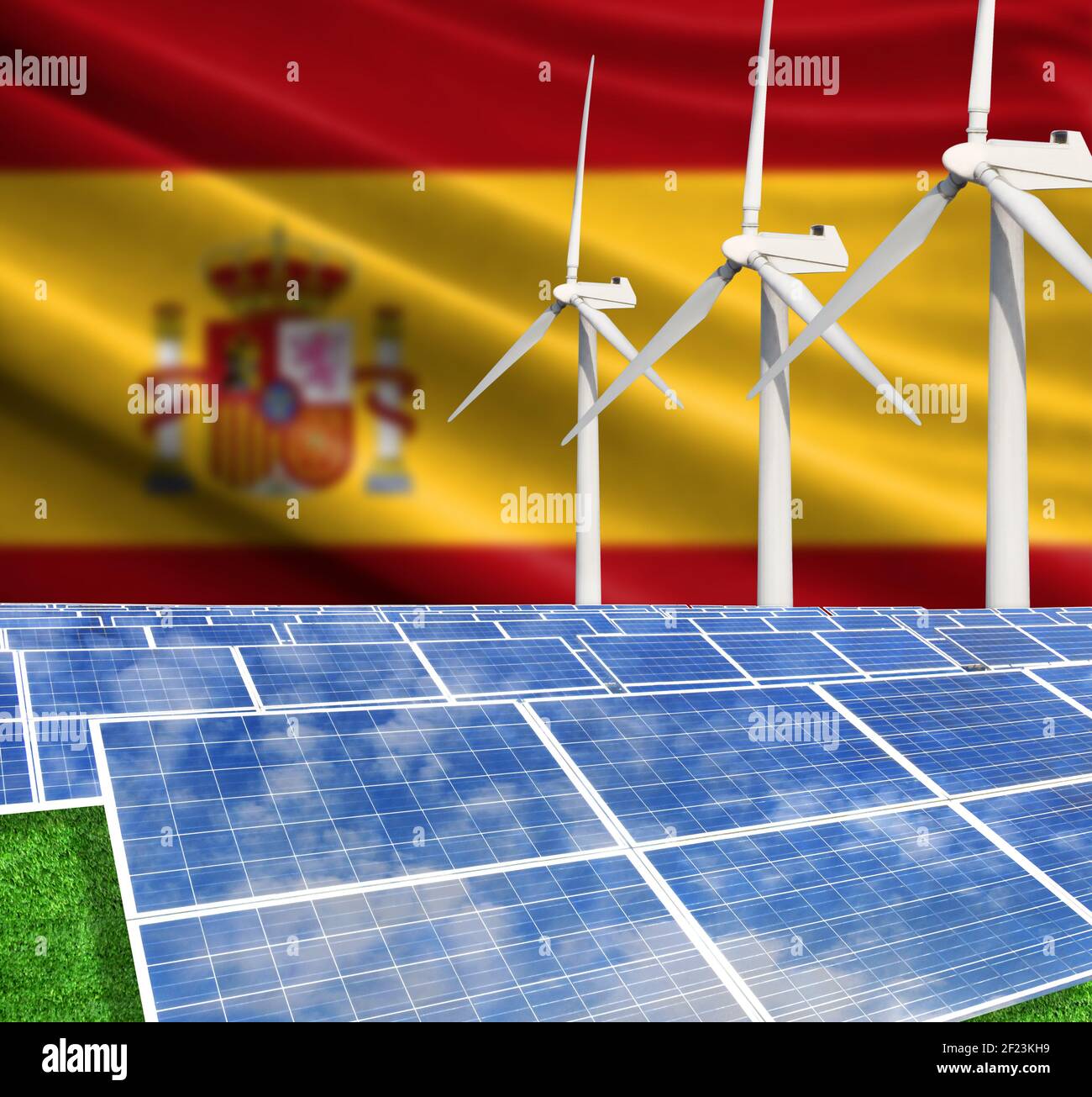 Solar panels on the background with the flag of Spain and Wind Turbine ...
