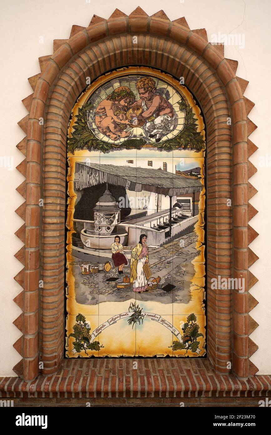 Mural in tiles showing the old wash house, Competa, Andalucia, Spain ...