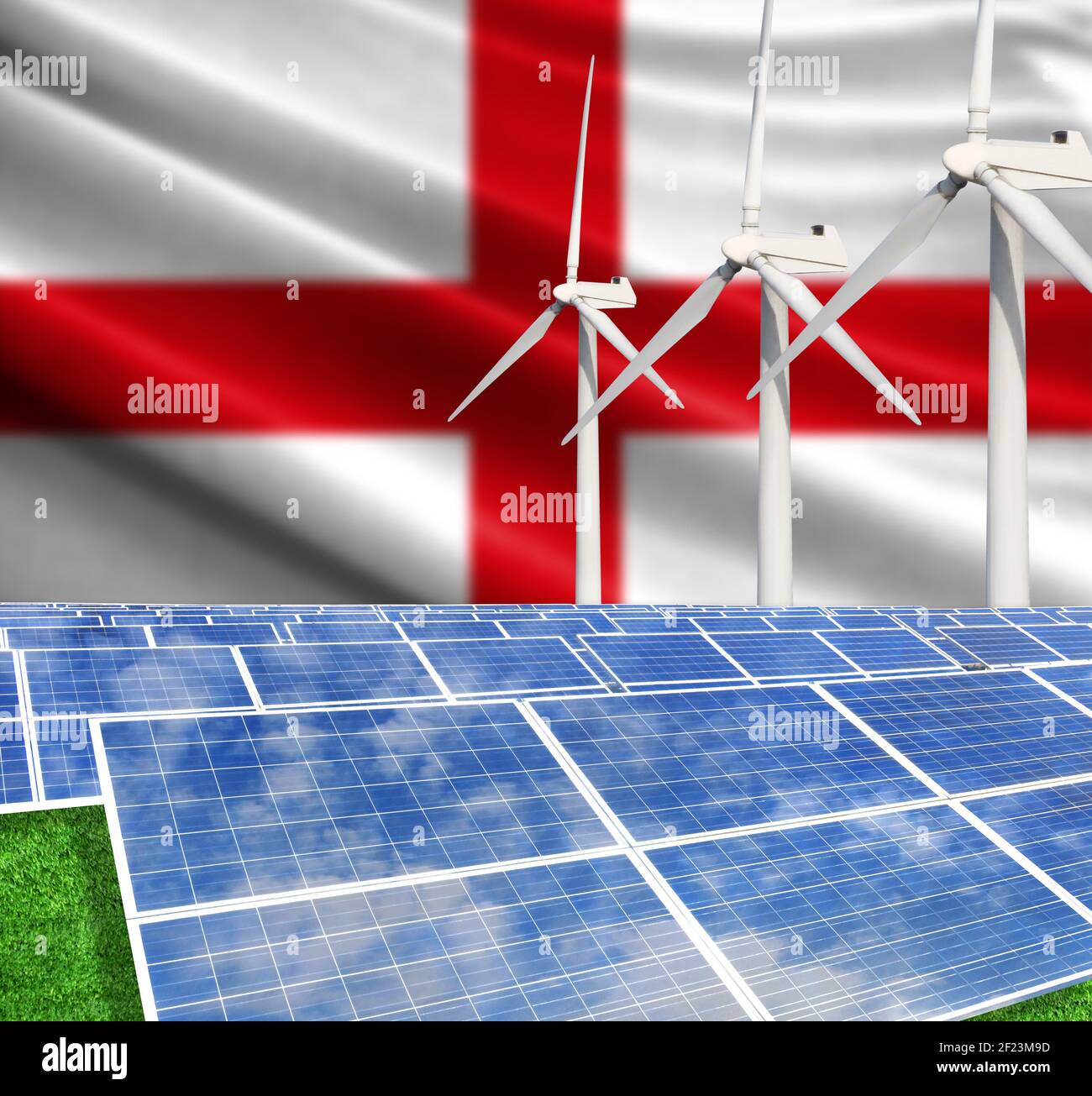 Solar panels on the background with the flag of England and Wind ...
