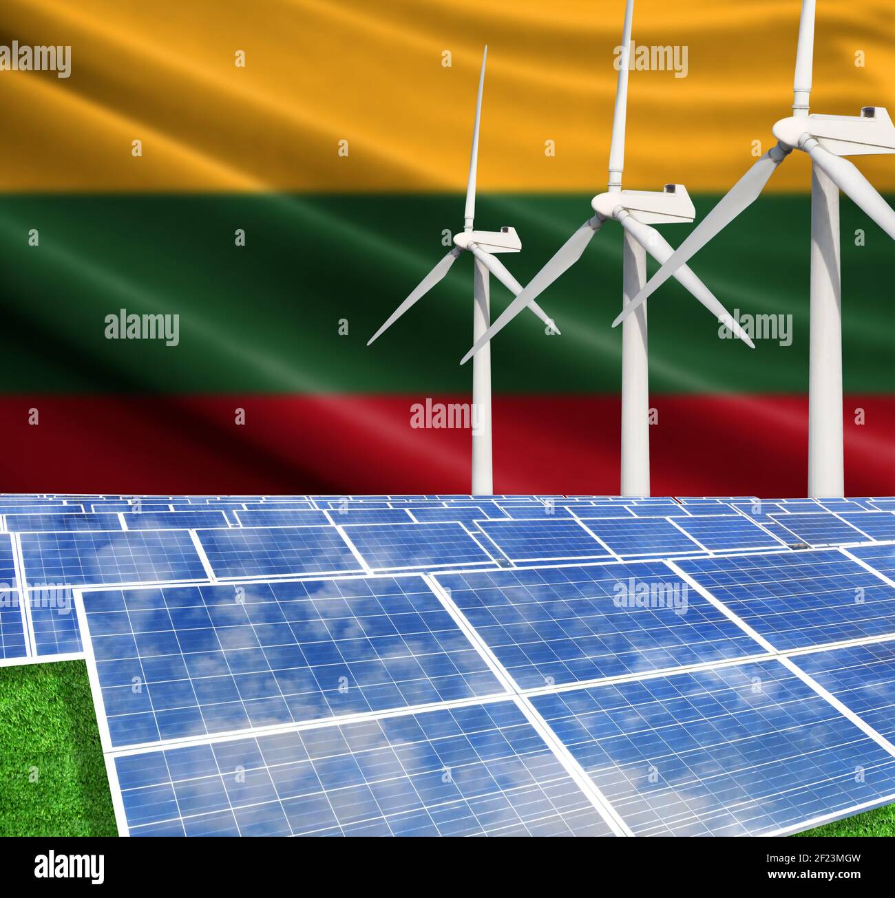 Solar panels on the background with the flag of Lithuania and Wind ...