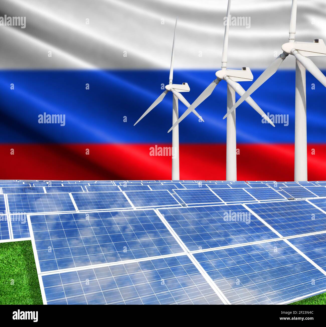 Solar panels on the background with the flag of Russia and Wind Turbine ...