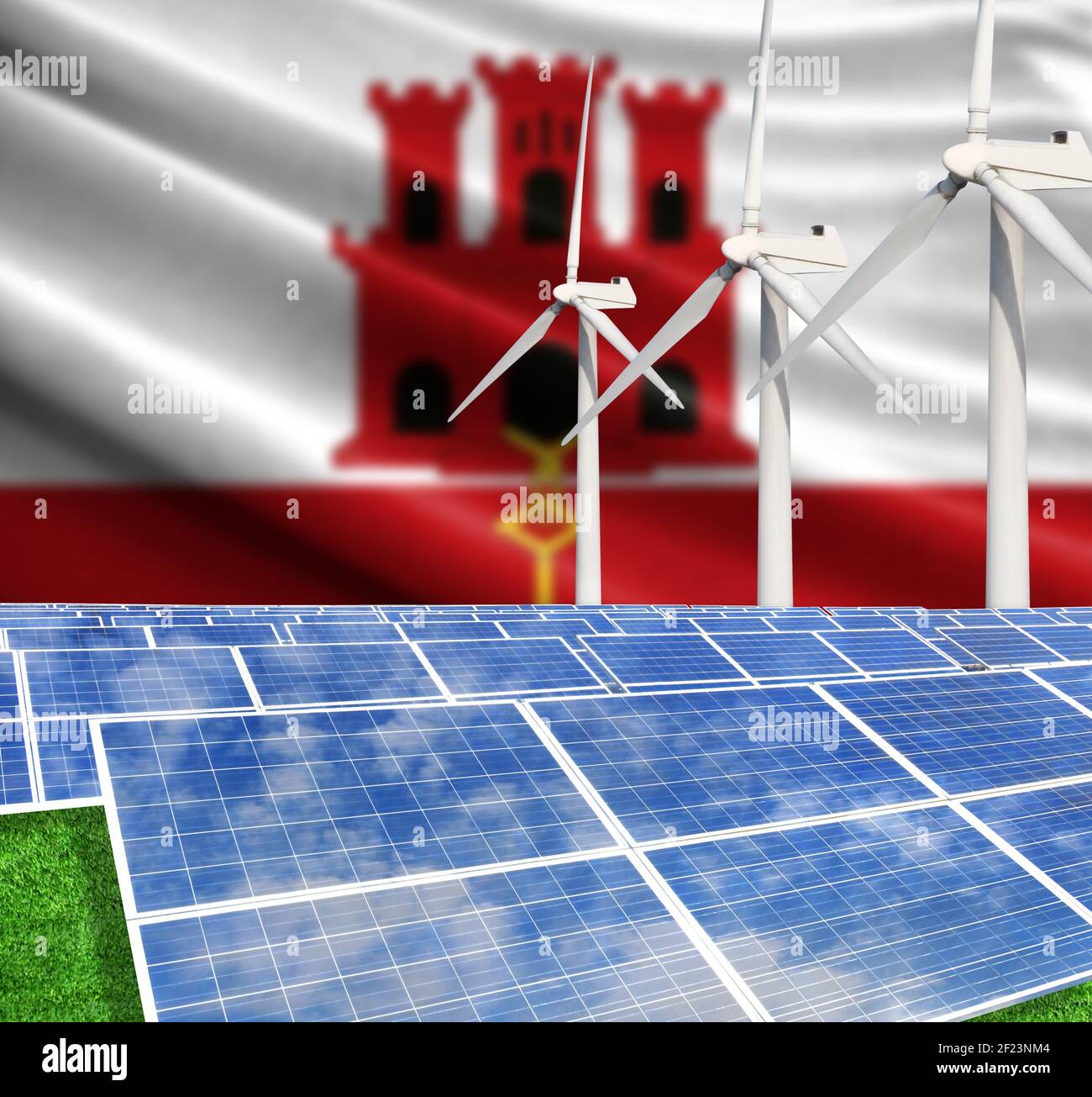 Solar panels on the background with the flag of Gibraltar and Wind ...