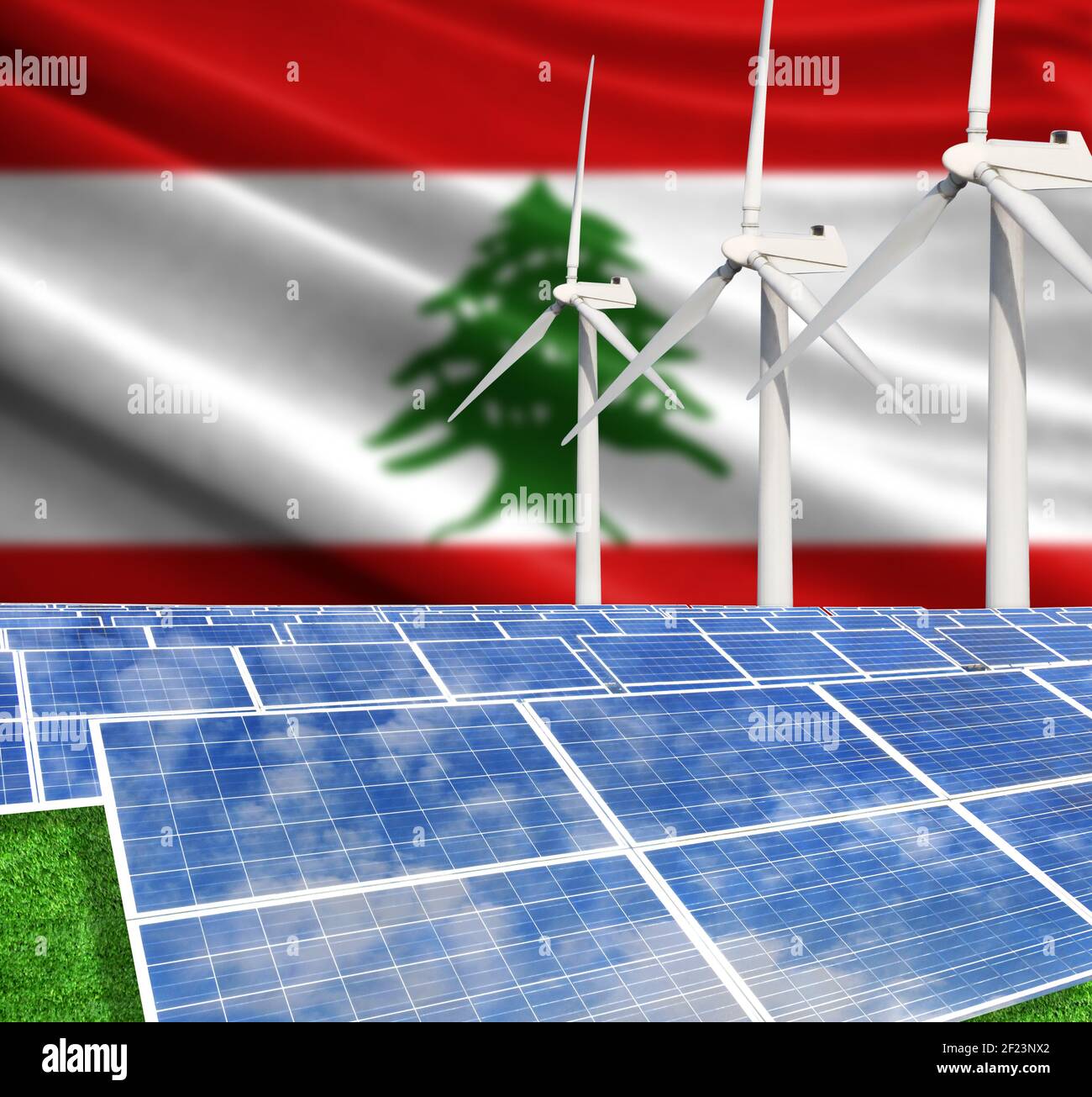Solar panels on the background with the flag of Lebanon and Wind ...