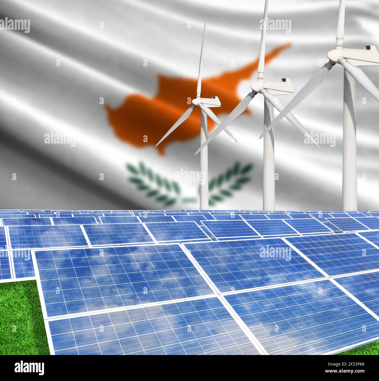 Solar panels on the background with the flag of Cyprus and Wind Turbine ...