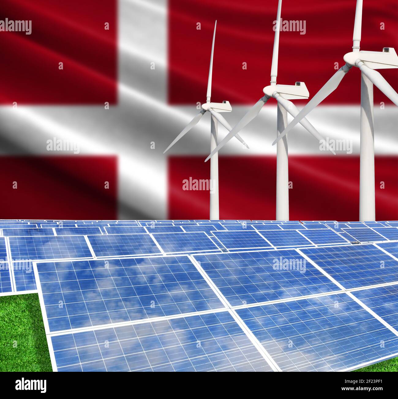Solar panels on the background with the flag of Denmark and Wind ...