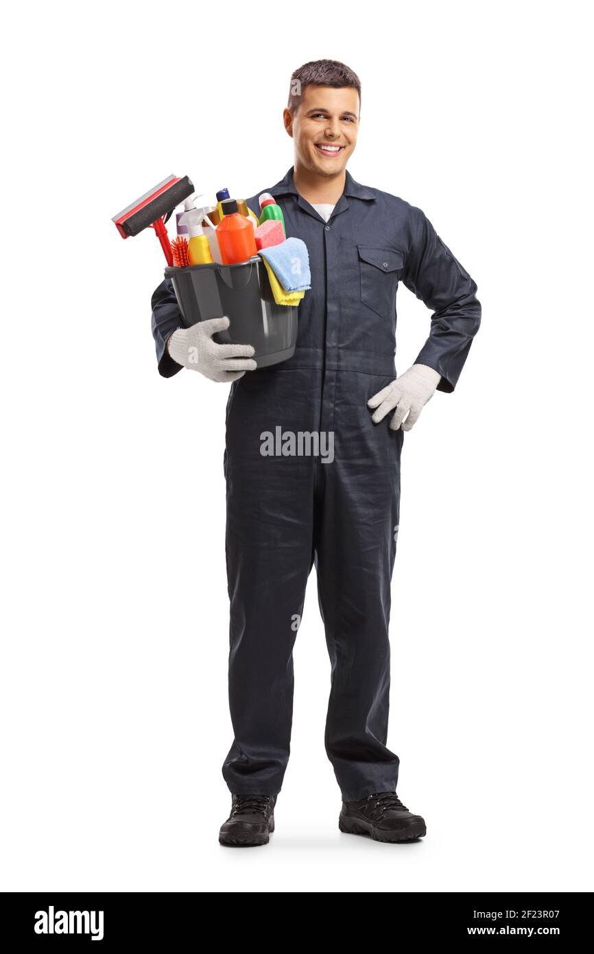 Full length portrait of a janitor holding a bucket with cleaning ...