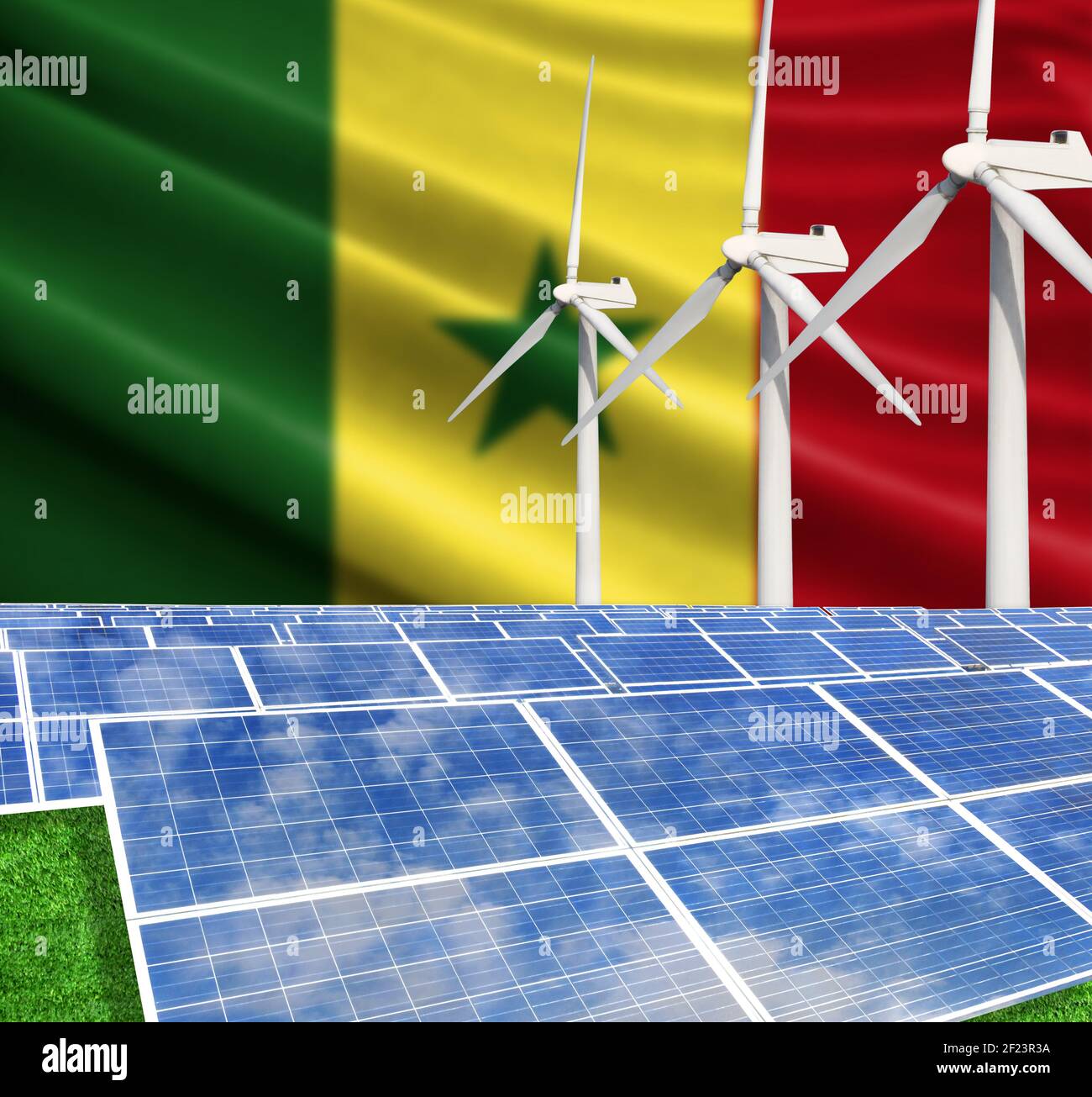 Solar panels on the background with the flag of Senegal and Wind ...